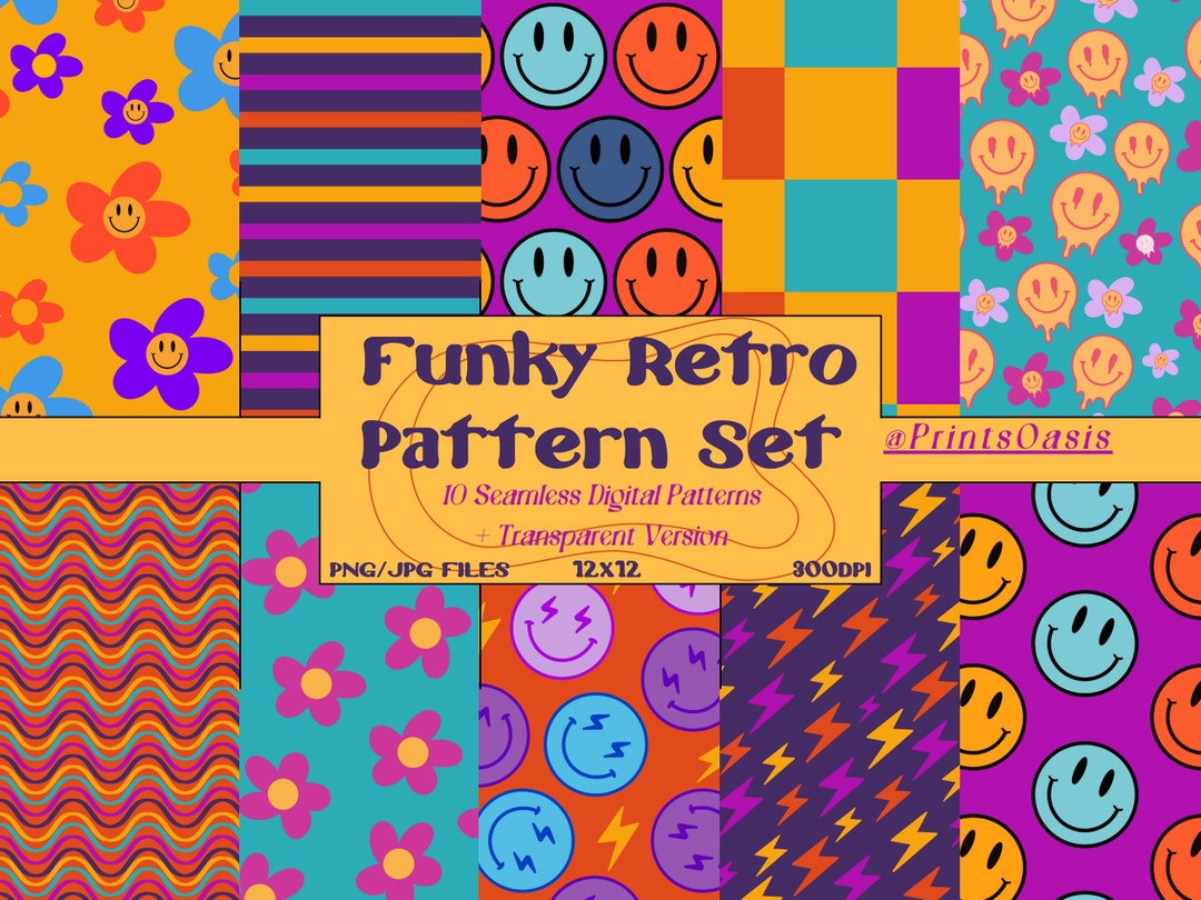 Funky Retro Design, Digital Paper, Seamless Pattern, Cute Happy Faces ...