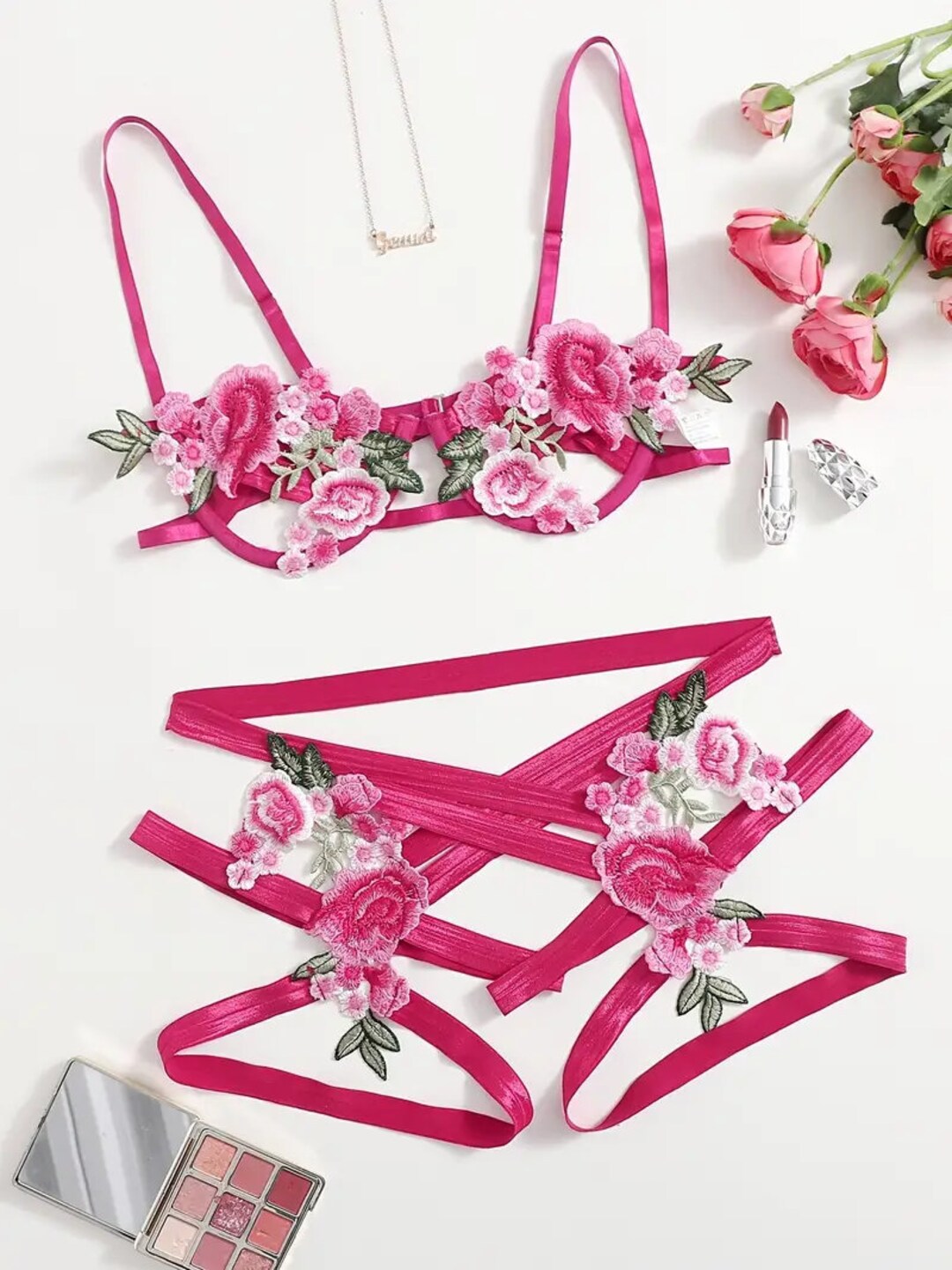 Embroidered Floral Lingerie Set Erotic Garter Belt Sheer Etsy