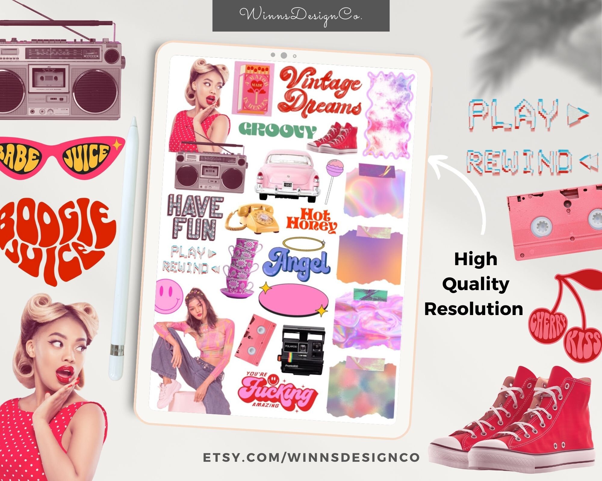 Retro Goodnotes Stickers, Digital Planner Stickers, Precropped ...