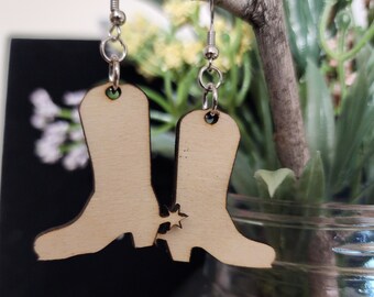 Western Chic: Laser Cut Wooden Cowboy Boot Earrings, Mahagony - Etsy
