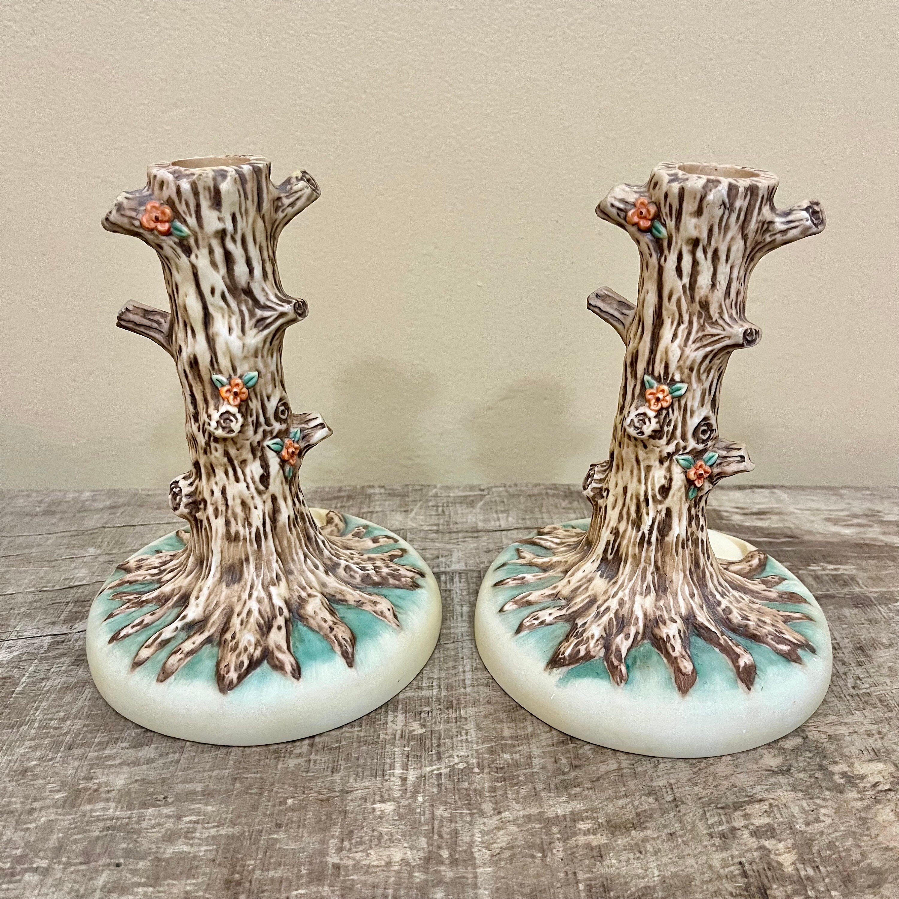 Vintage Goebel Hummel Display Floral Tree Trunk Candlestick Holders ...