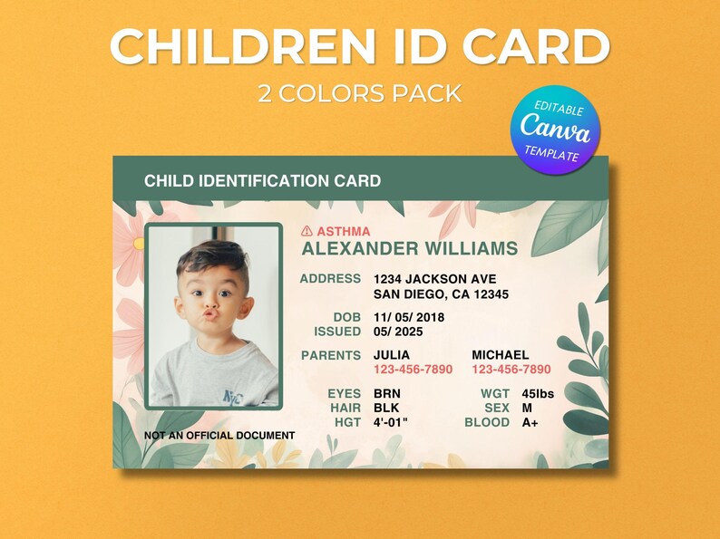 Child ID Card Template, Editable Canva Design, Printable Kids Safety Card, Customizable ...