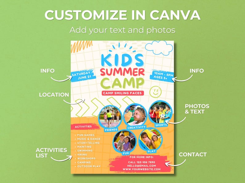 Kids Summer Camp Flyer, Canva Template, Flyer Template, Fun Event, Kids ...