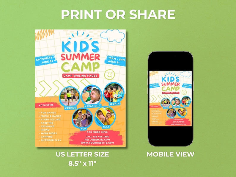 Kids Summer Camp Flyer, Canva Template, Flyer Template, Fun Event, Kids ...