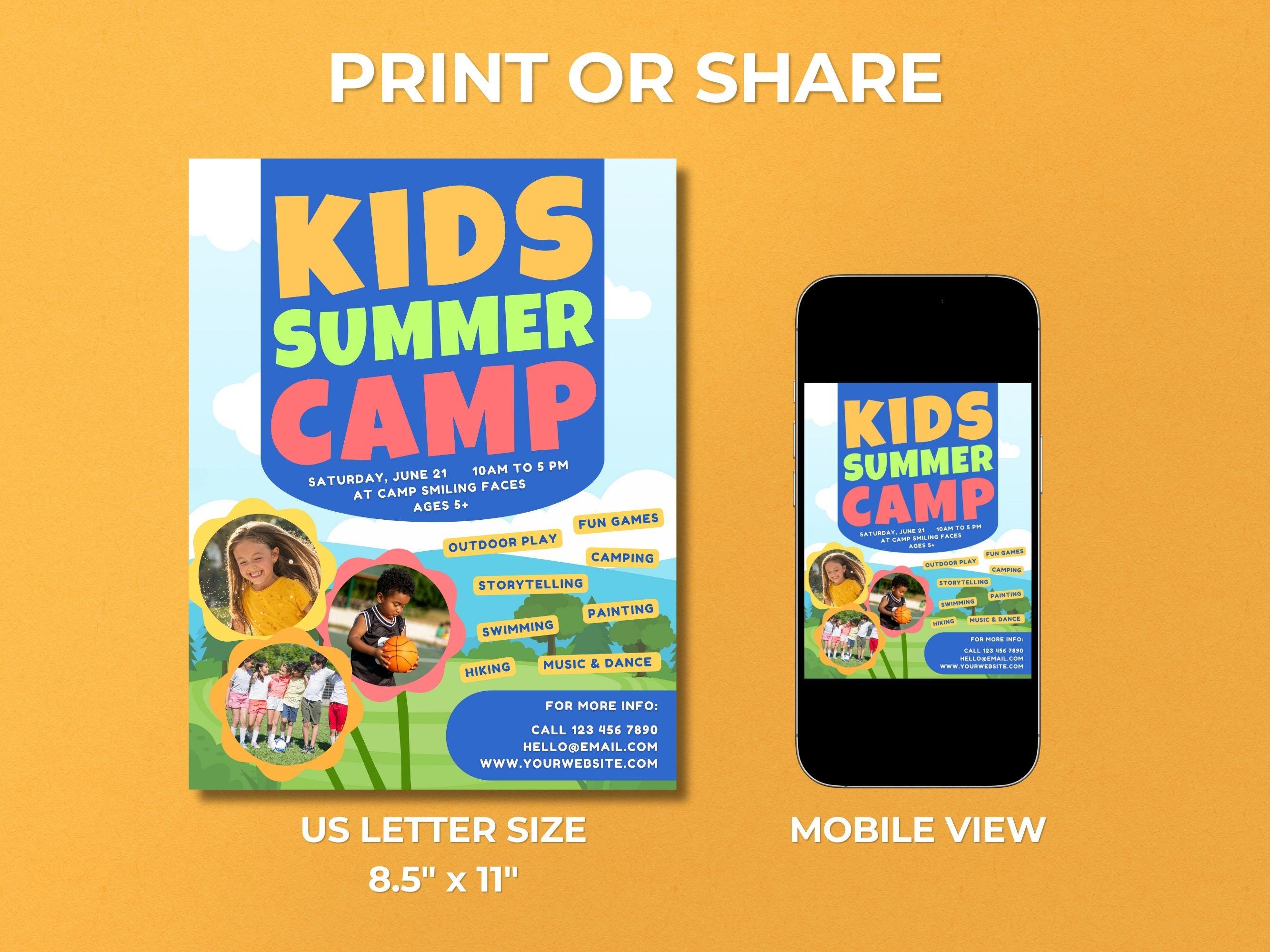 Kids Summer Camp Flyer, Canva Template, Flyer Template, Fun Event, Kids ...