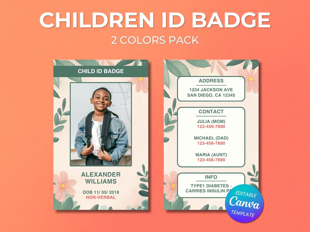 Child ID Badge Template, Editable Canva Design, Printable Kids Safety ...