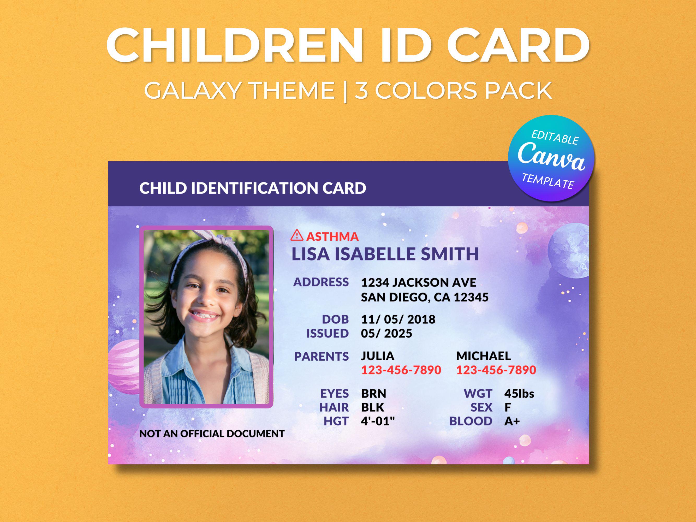 Editable Child ID Card Template: Galaxy Theme Safety Emergency Contact ...