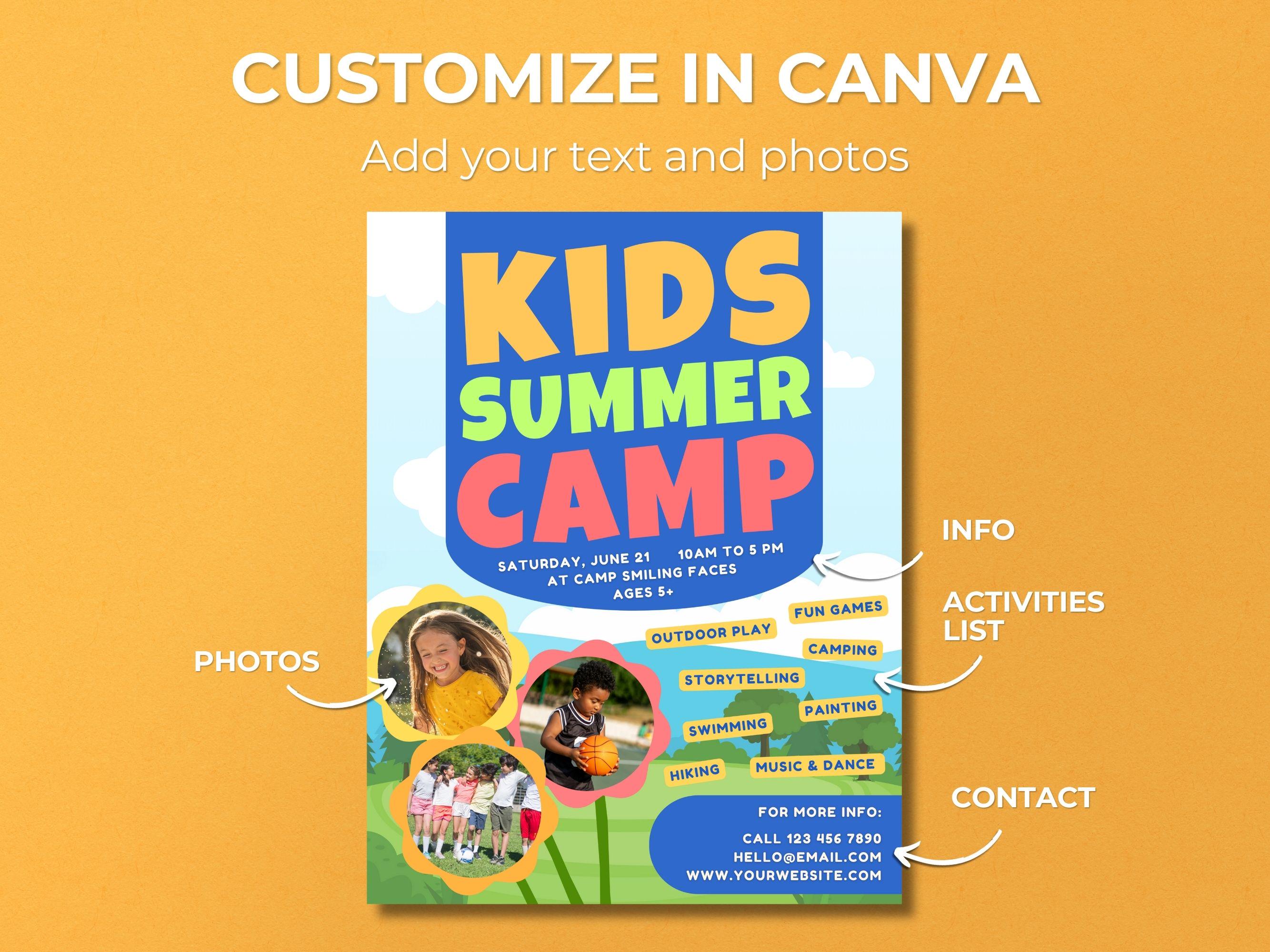 Kids Summer Camp Flyer, Canva Template, Flyer Template, Fun Event, Kids ...