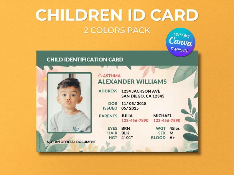 Back to School Child ID Card, Template, Editable Canva Design ...