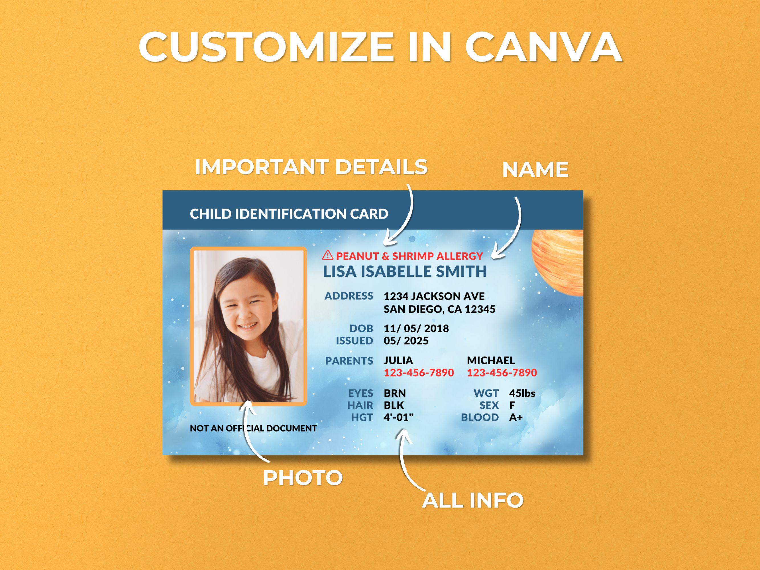 Editable Child ID Card Template: Galaxy Theme Safety Emergency Contact ...