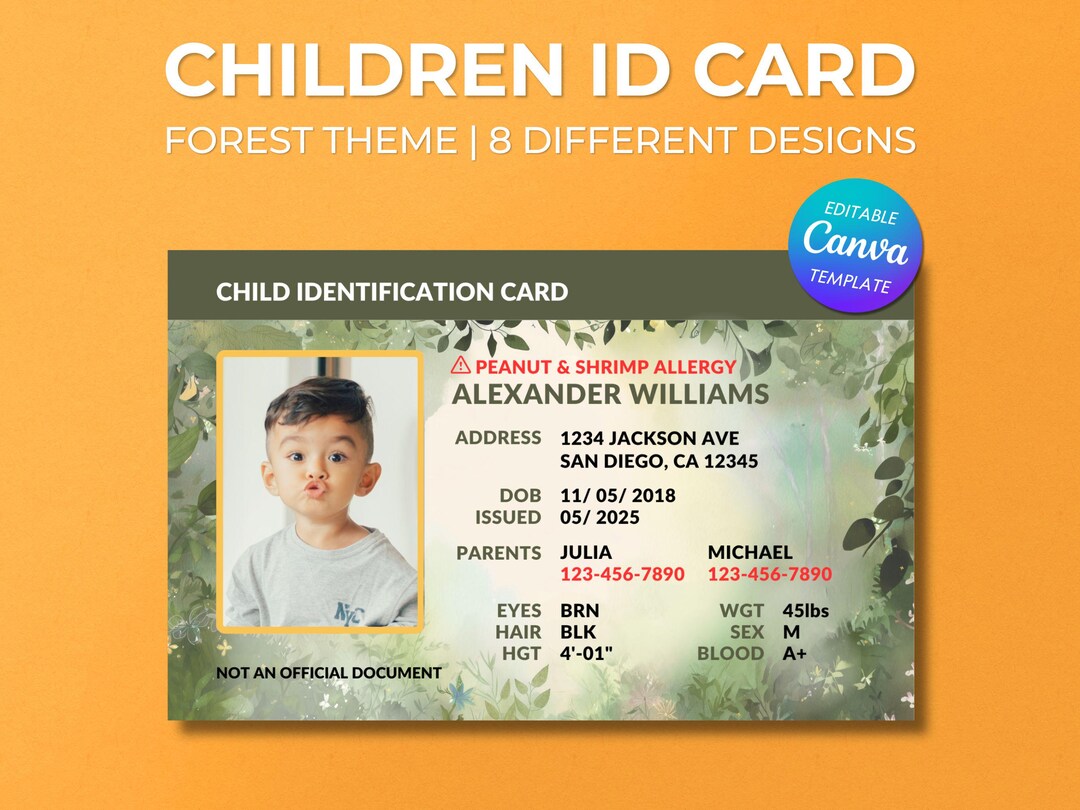 Children ID and Safety Card, Forest Themed - Canva Template - Etsy