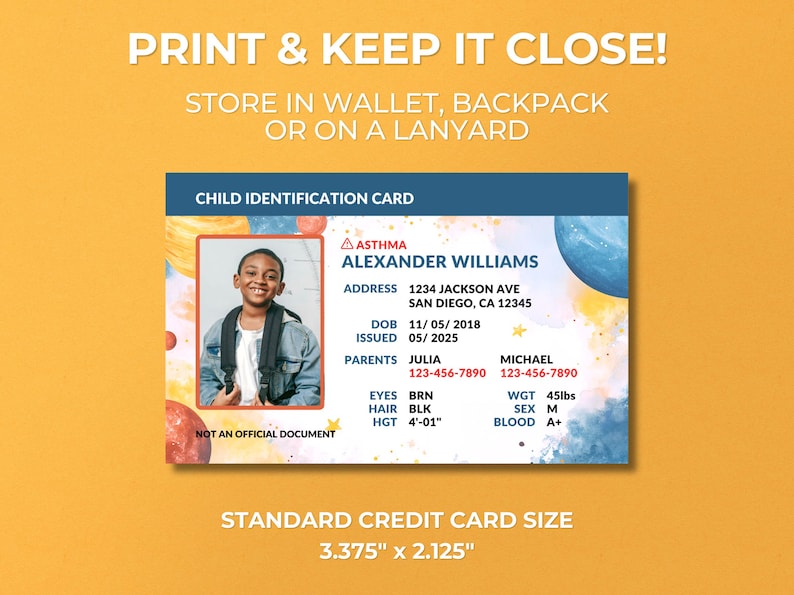 Editable Child ID Card Template: Galaxy Theme Safety Emergency Contact ...