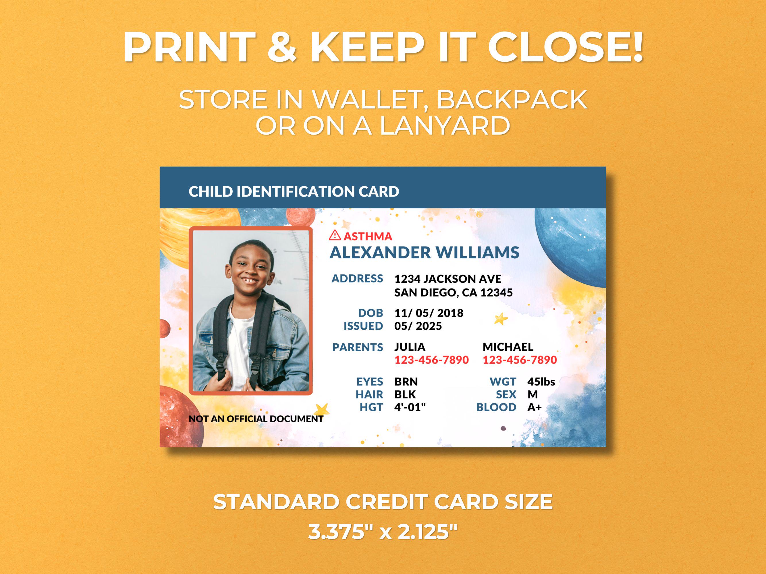 Editable Child ID Card Template: Galaxy Theme Safety Emergency Contact ...