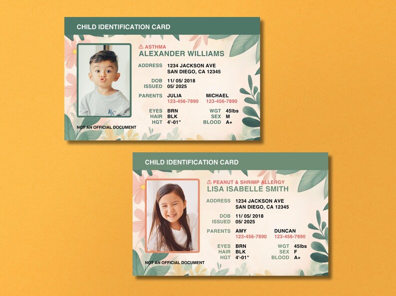 Child ID Card Template, Editable Canva Design, Printable Kids Safety Card, Customizable ...
