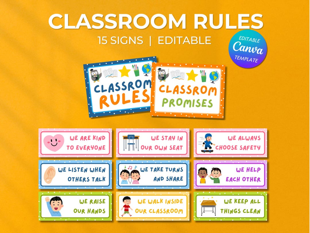 Back to School Classroom Rules Set, Editable Canva Template, Printable ...