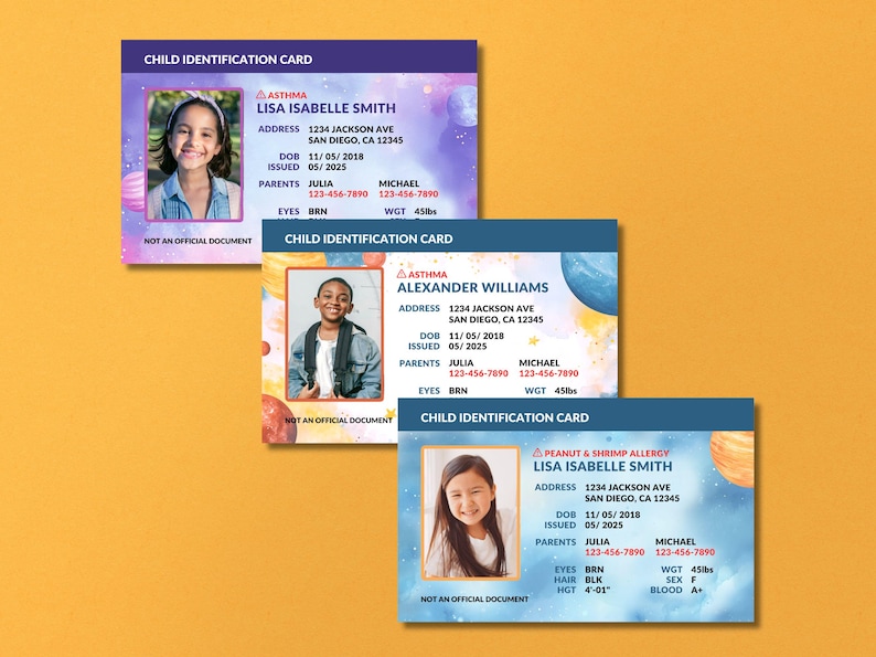 Editable Child ID Card Template: Galaxy Theme Safety Emergency Contact ...