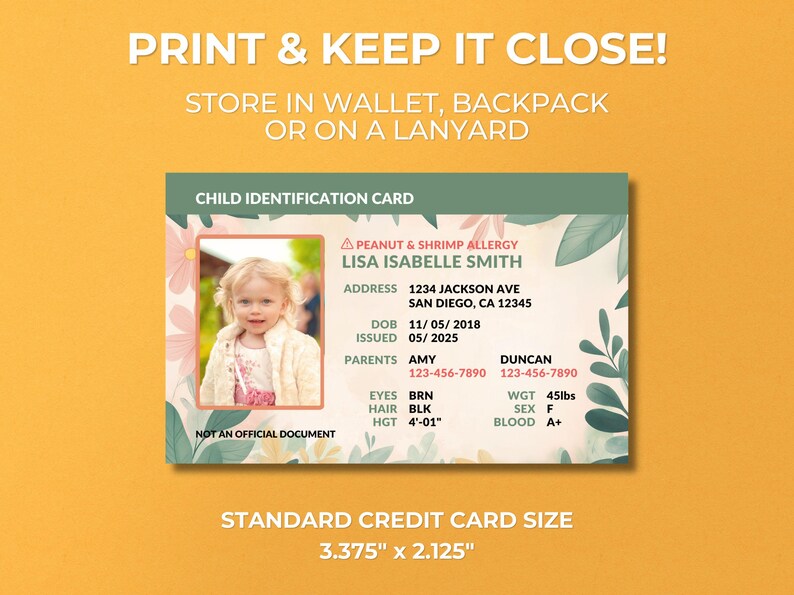 Back to School Child ID Card, Template, Editable Canva Design, Printable Kids Safety Card ...
