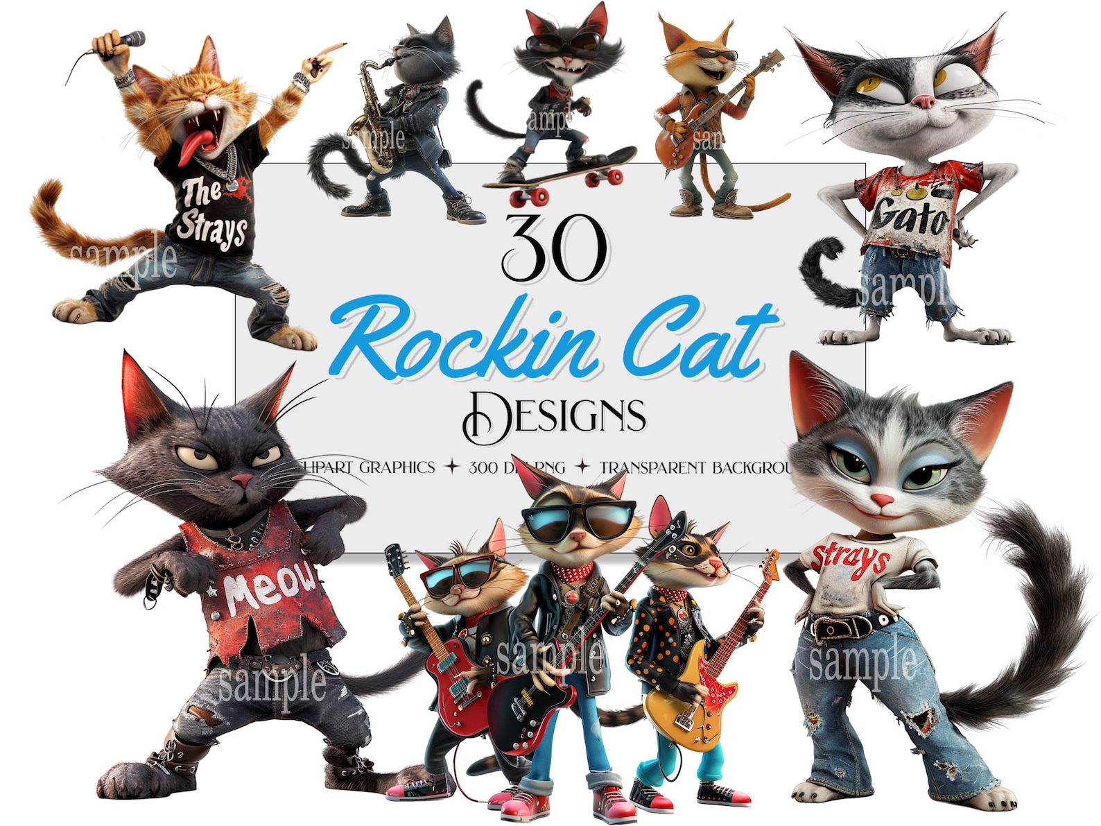 Rocking Cat Clipart Collection, 30 PNG Images, Transparent Backgrounds ...