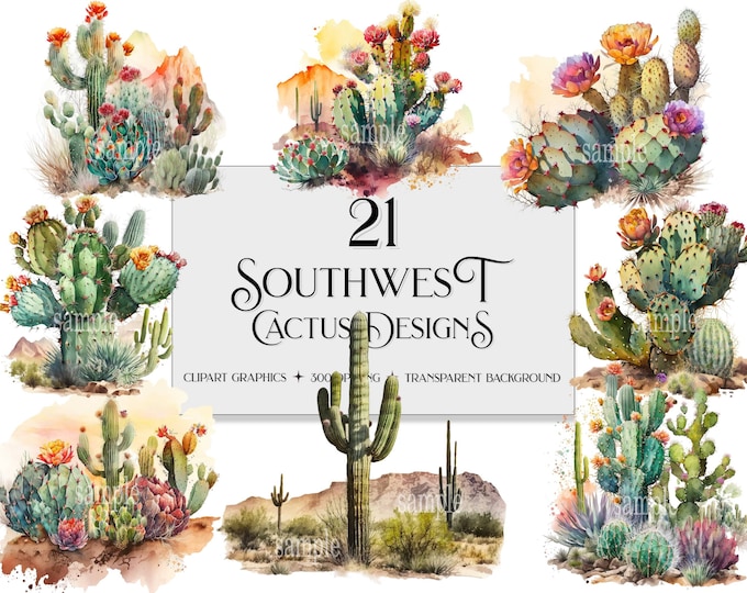 12 Desert Sunset PNG Clipart, Southwestern Cactus Watercolor Clip Art ...