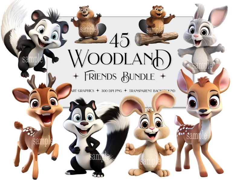 Woodland Animals Clipart: Skunk, Deer, Bunny & Beaver (PNG Digital ...