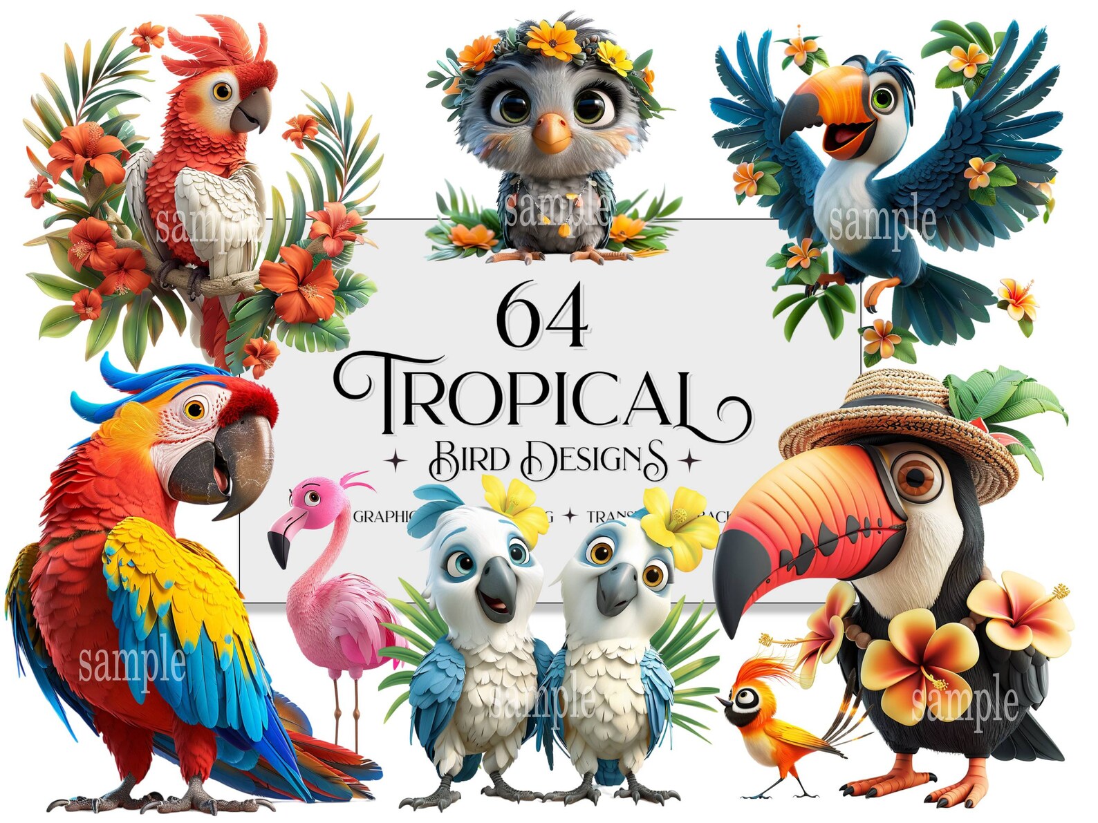 Tropical Bird Clipart: Exotic Macaw, Toucan PNG (digital Download) - Etsy