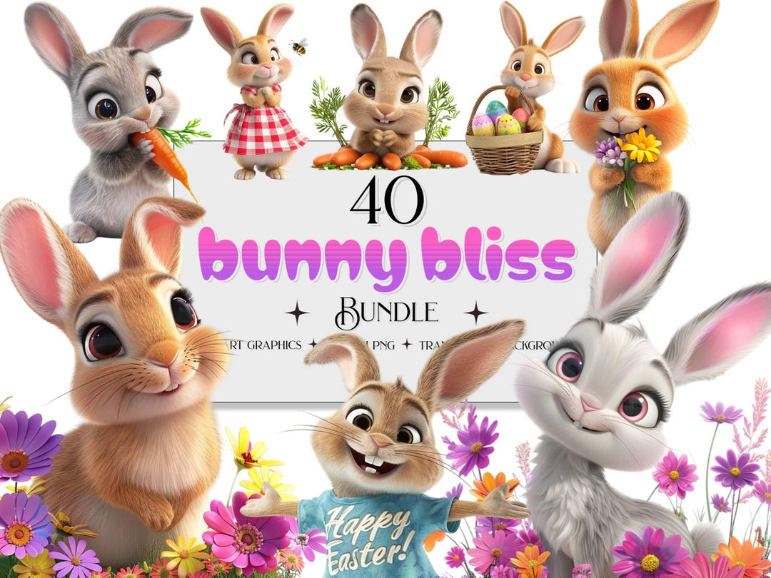 Adorable Easter Bunny Clipart Bundle, Cute Rabbit Transparent ...
