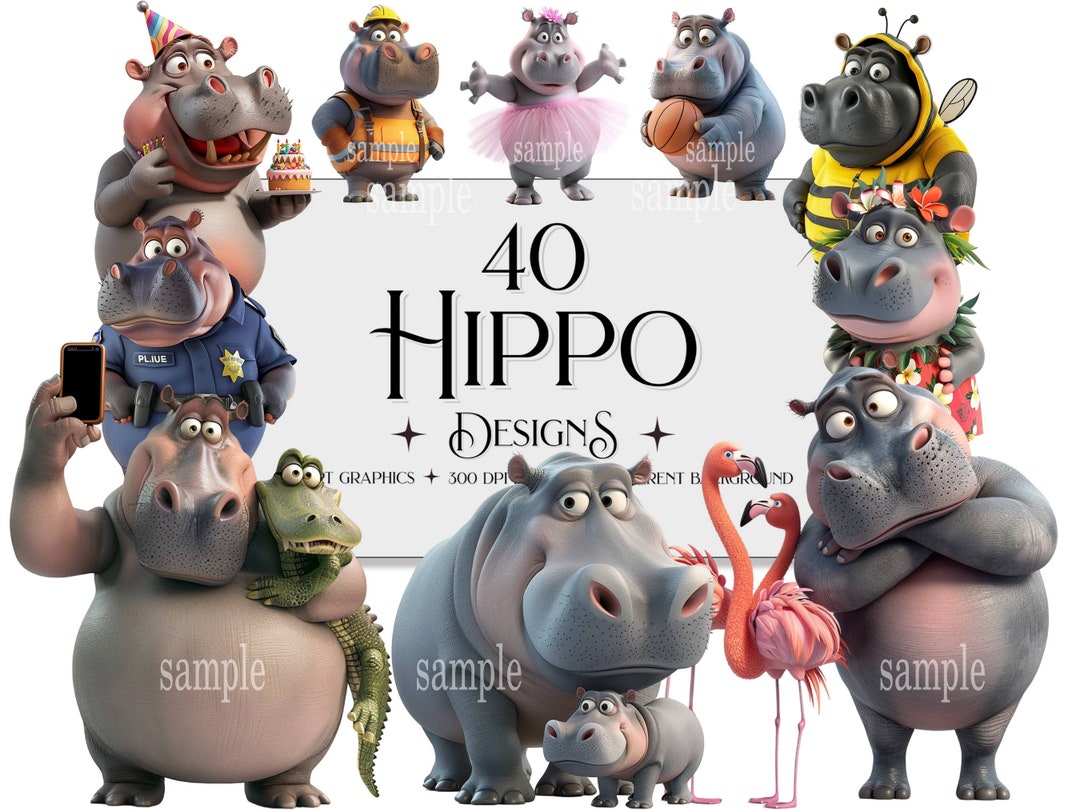 Hippo Clipart Bundle, 40 Safari Animal PNG Designs (digital Download ...