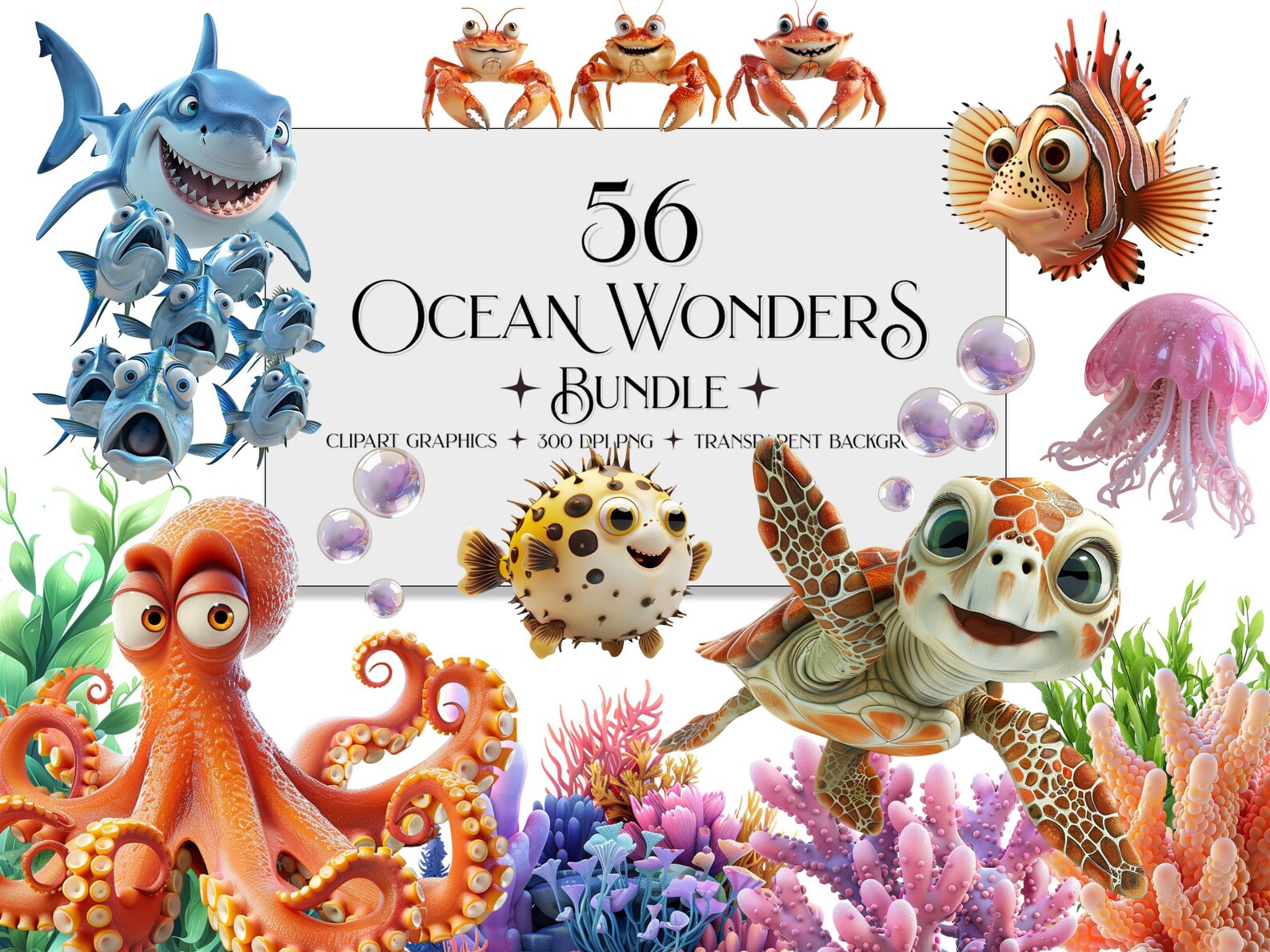 Ocean Animal Clipart: Sea Turtle, Dolphin, Octopus PNG (56 Designs) - Etsy