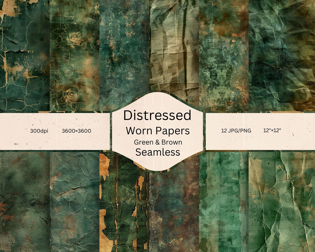 Distressed Worn Papers Textures, Seamless Green Digital Paper ...
