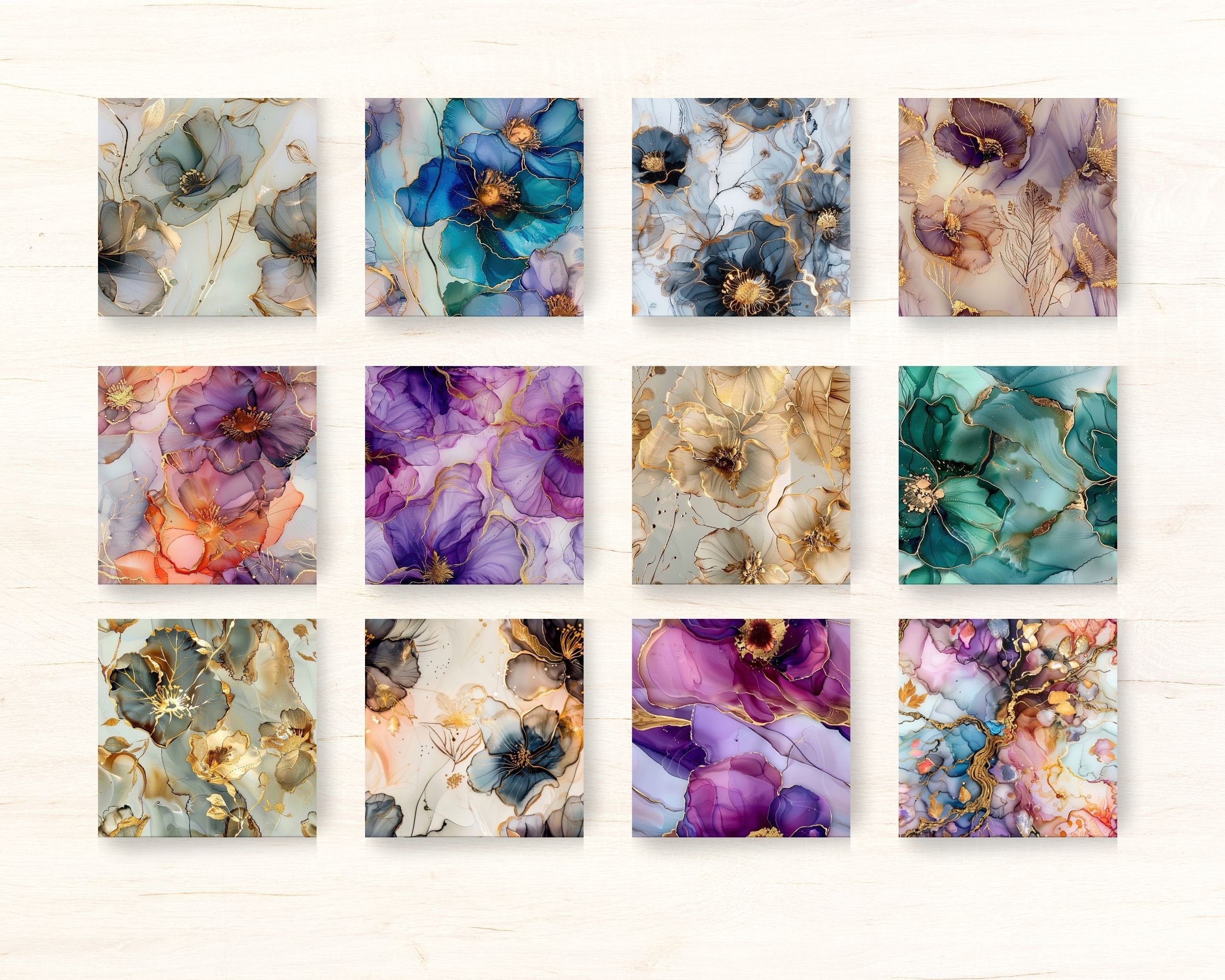 Alcohol Ink Golden Floral, Seamless Floral Patterns, Digital Papers ...