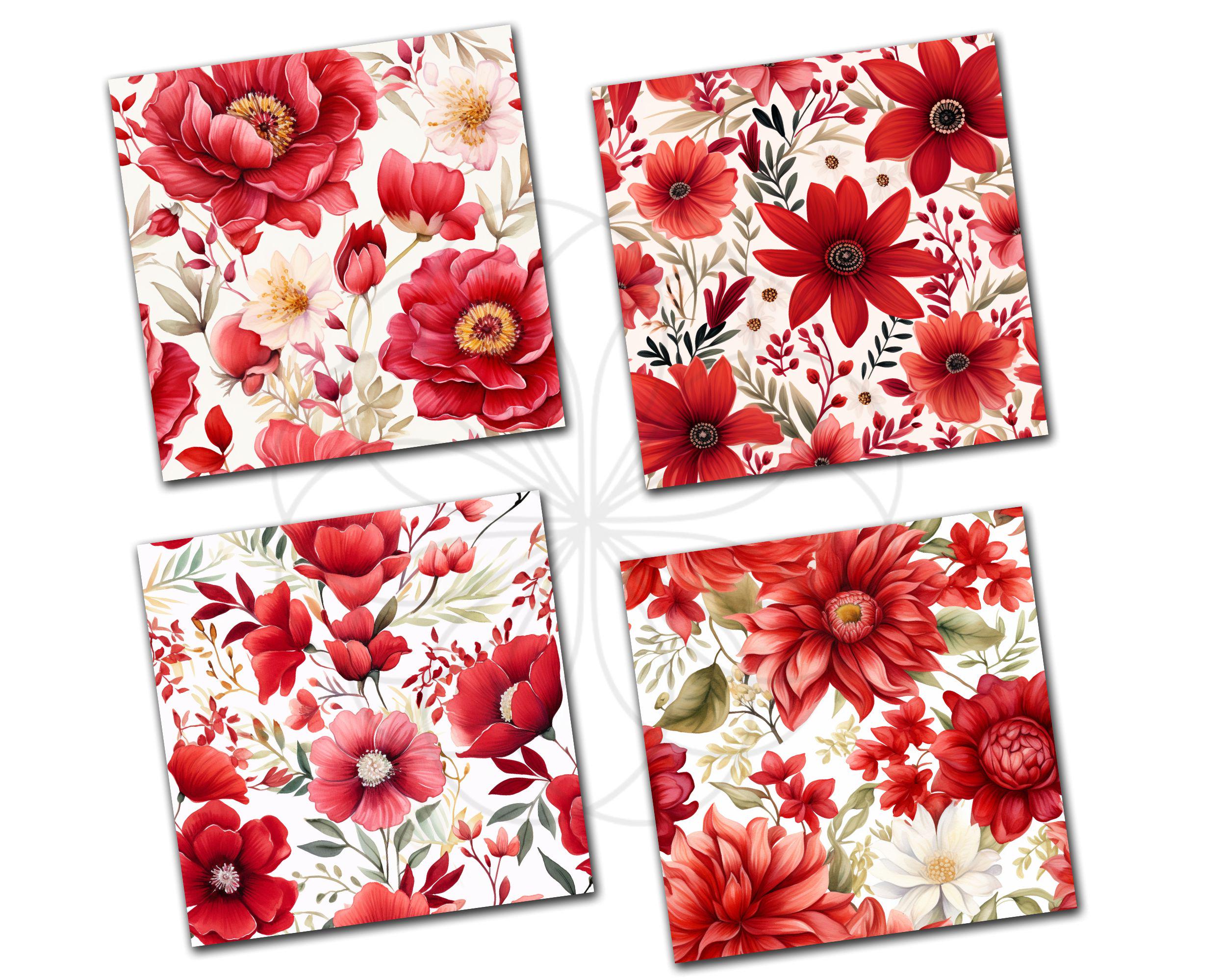 Red Floral Digital Paper Pack, Watercolor Dutch Red Flowers Seamless ...