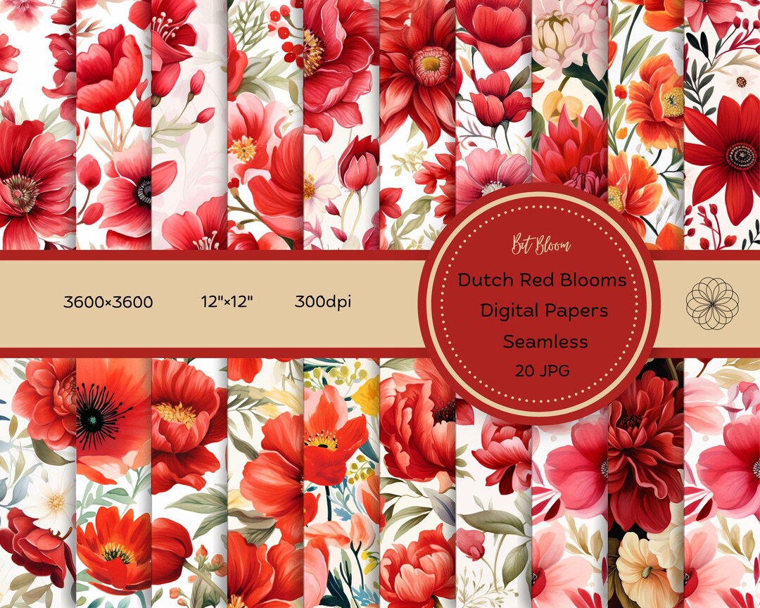 Red Floral Digital Paper Pack, Watercolor Dutch Red Flowers Seamless ...