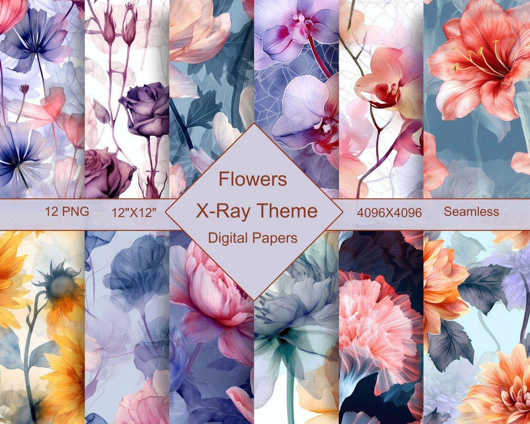 Flowers Pattern X-ray Style Digital Papers, Seamless Floral Digital ...