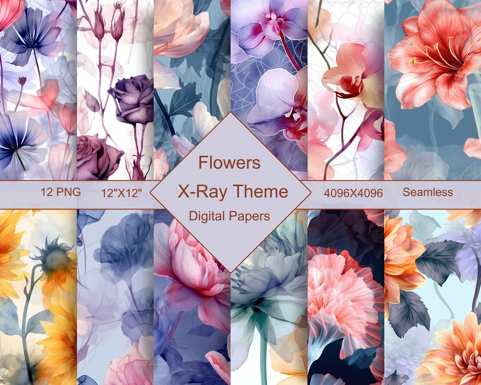 Flowers Pattern X-ray Style Digital Papers, Seamless Floral Digital ...