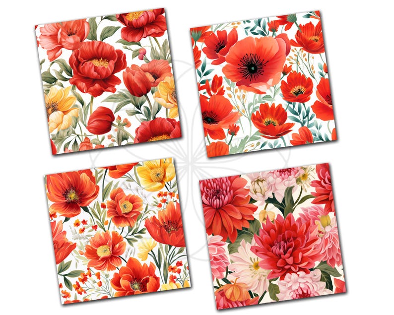 Red Floral Digital Paper Pack, Watercolor Dutch Red Flowers Seamless ...
