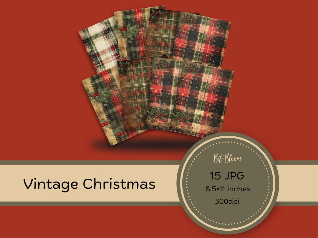Vintage Christmas Plaid Distressed Papers, Printable Junk Journal Kit ...