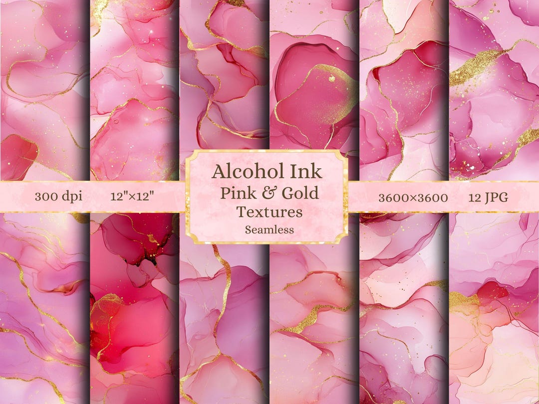 Pink & Gold Alcohol Ink Digital Paper, Seamless Marble Backgrounds ...
