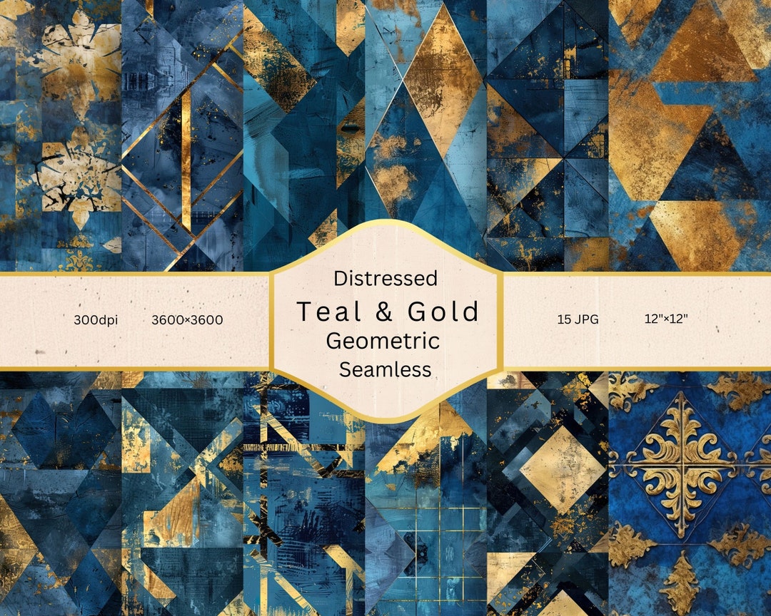 Teal and Gold Grunge Digital Papers, Distressed Seamless Patterns ...
