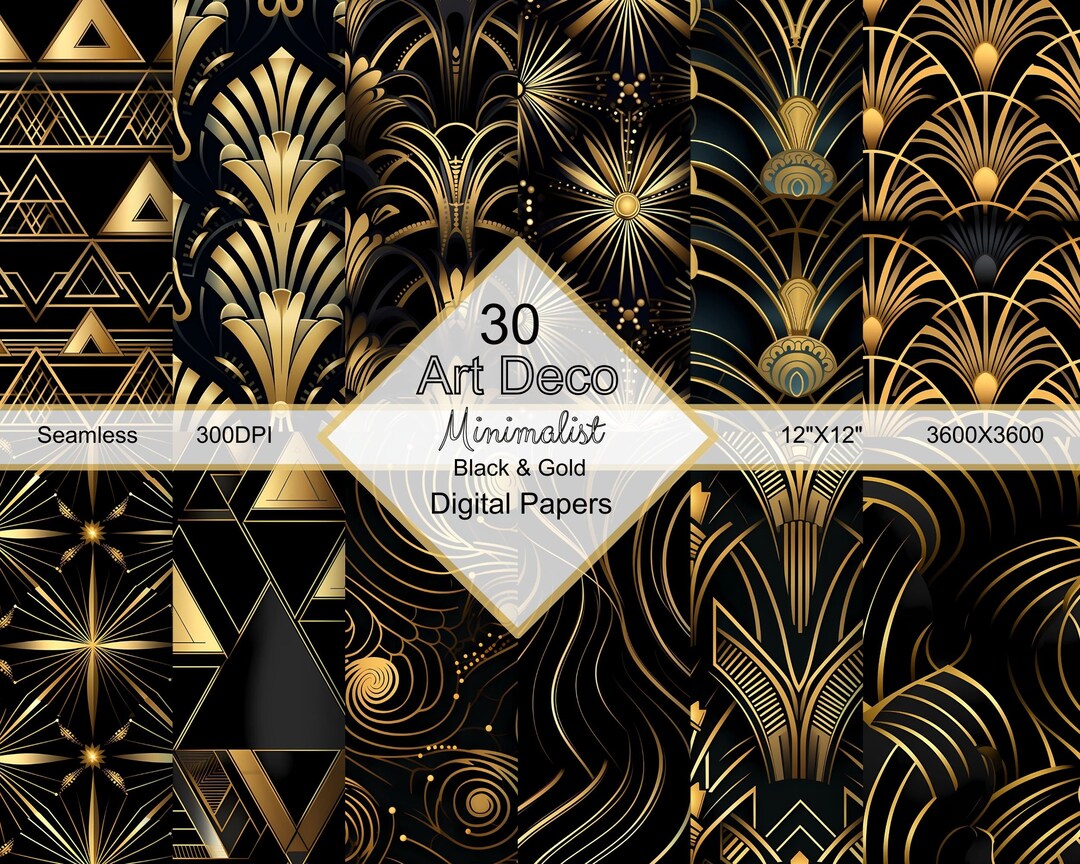Art Deco Seamless Digital Papers, Minimalist Black and Gold 30 Patterns ...