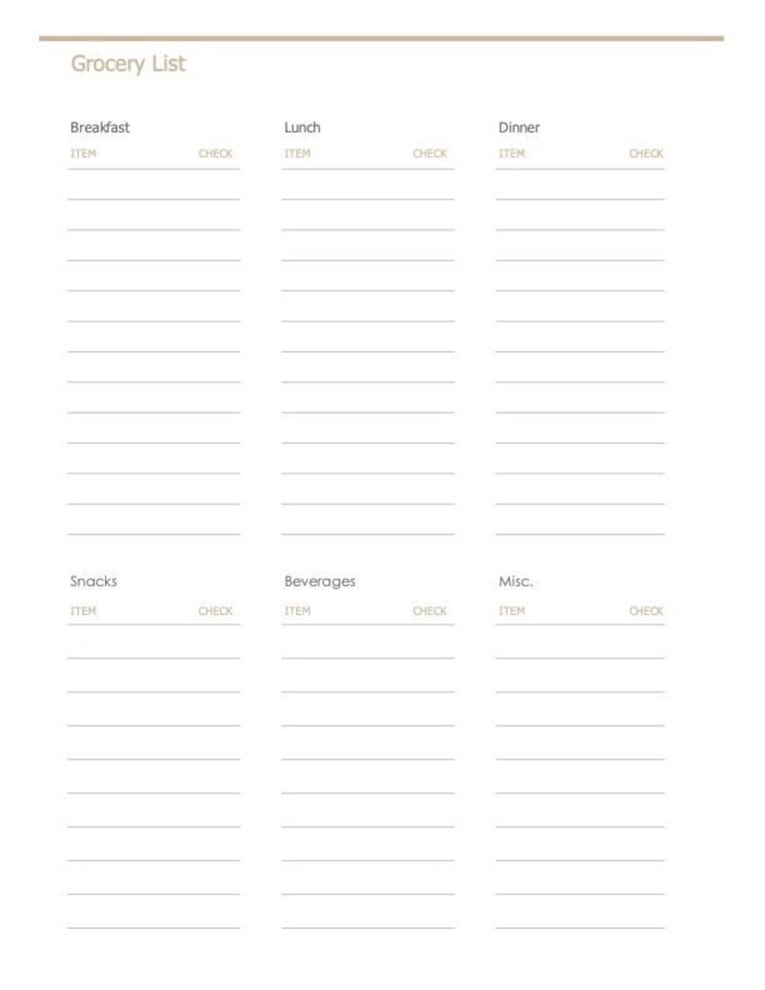 Grocery List by Meal Digital Download - Etsy