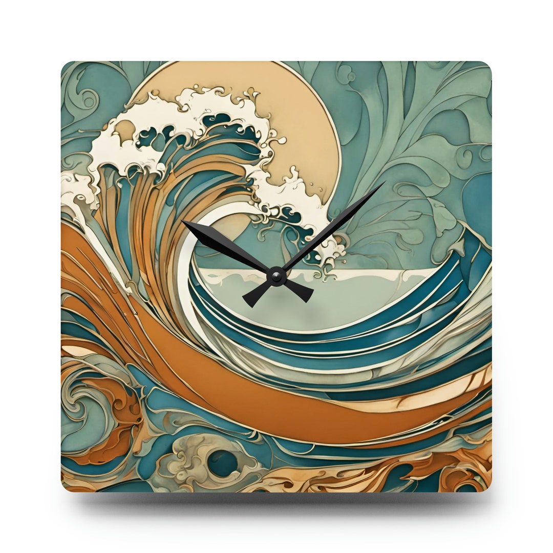 Art Nouveau Style Ocean Waves Square or Round Acrylic Wall Clock Dining ...