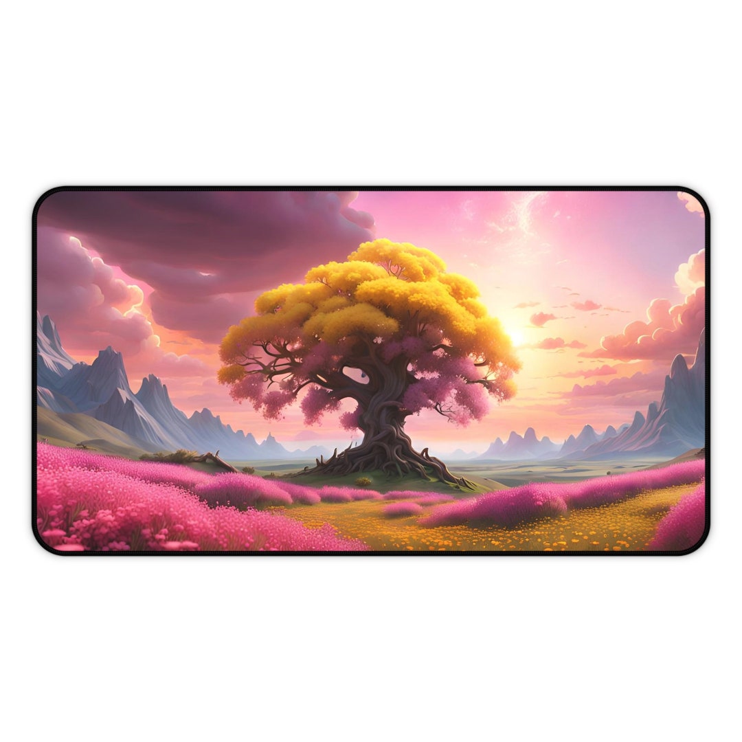 Tree of Life Rowan Tree in Pink and Yellow Desk Mat. Unique Gaming Pad ...