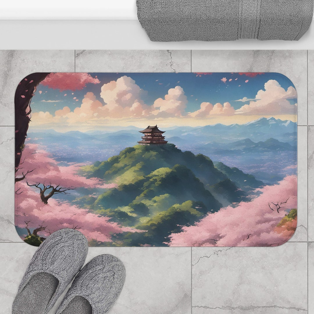 Sakura Tree Anime Anti-slip Microfiber Bath Mat Bathroom Rug Pink Blue ...