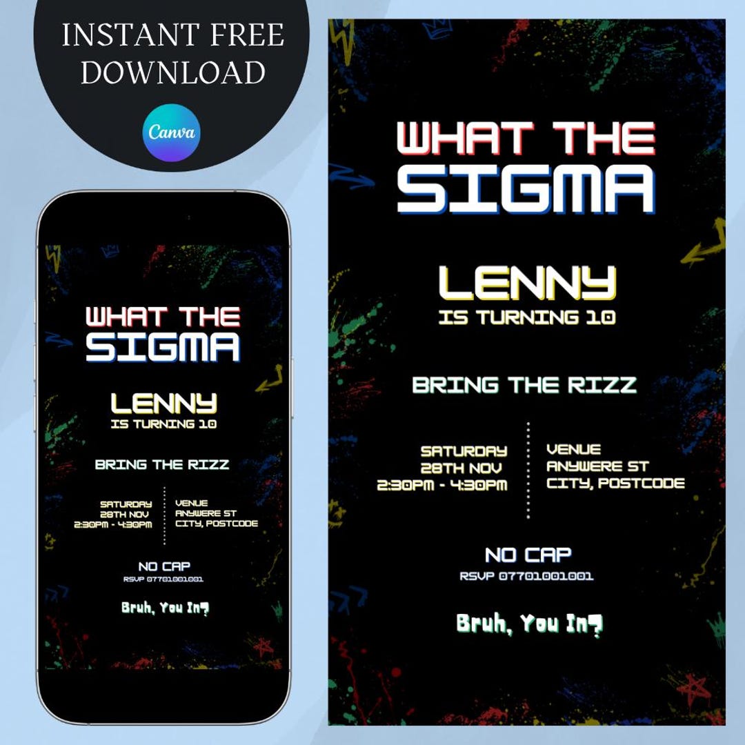 What the Sigma Birthday Invitation, Bruh Party Invite, Boys Digital ...