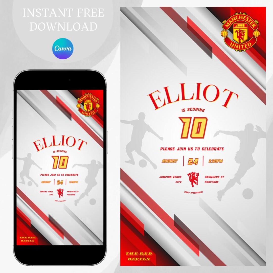 Digital Phone Football Invite, Man United Birthday Party Invite ...
