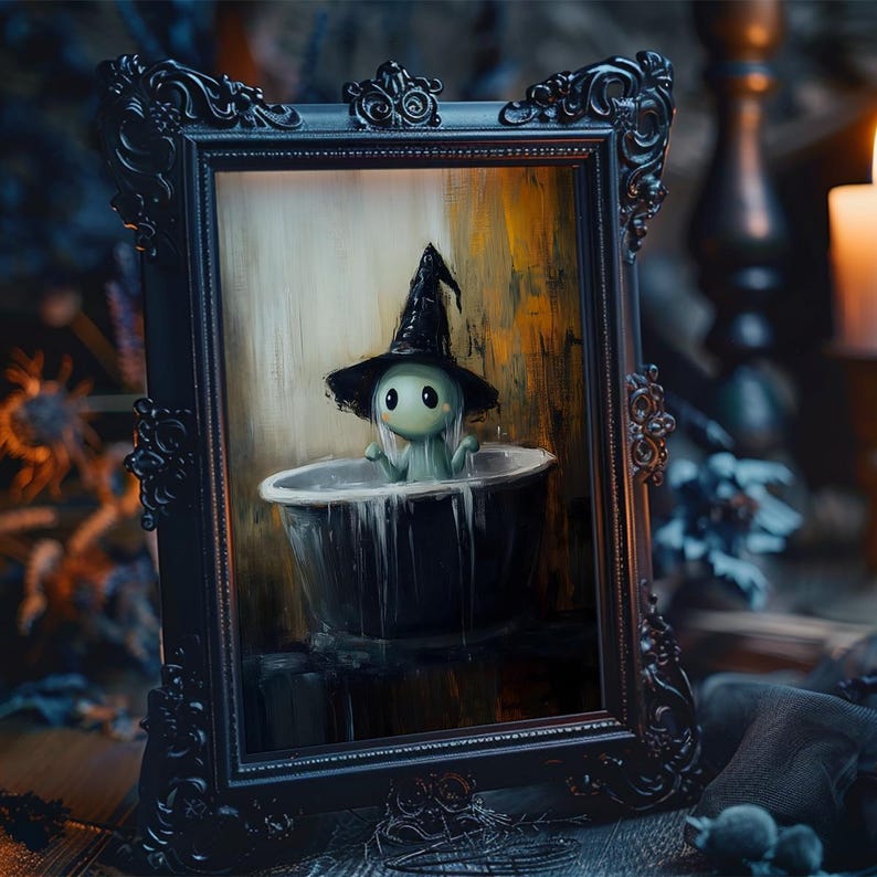 Cute Witch Taking a Bath, Dark Academia Decor, Bathroom Art, Funny ...
