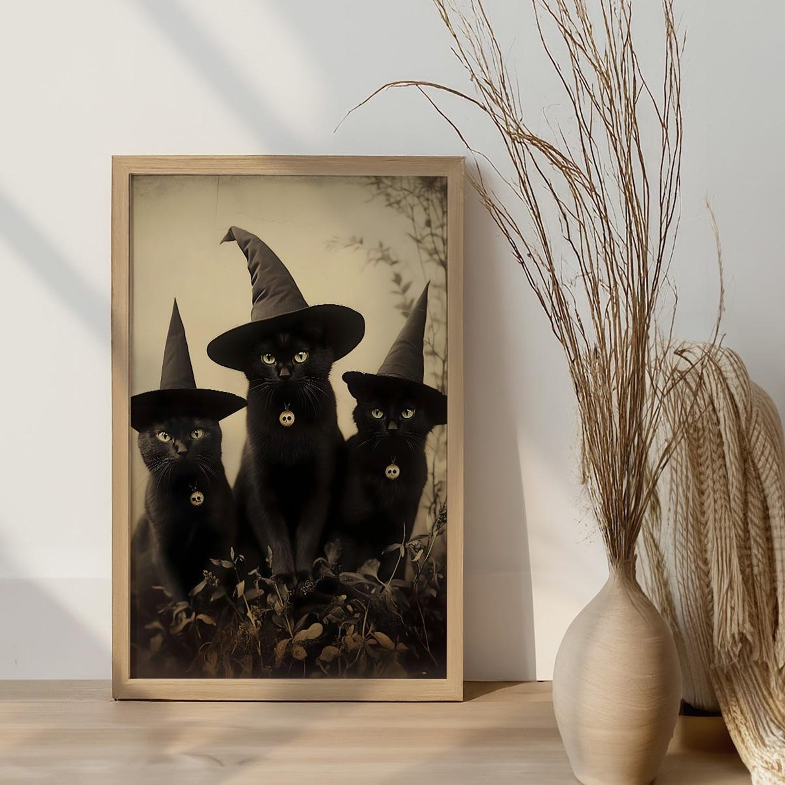 Three Black Witch Cats, Dark Academia Decor, Halloween Whimsigoth Wall ...