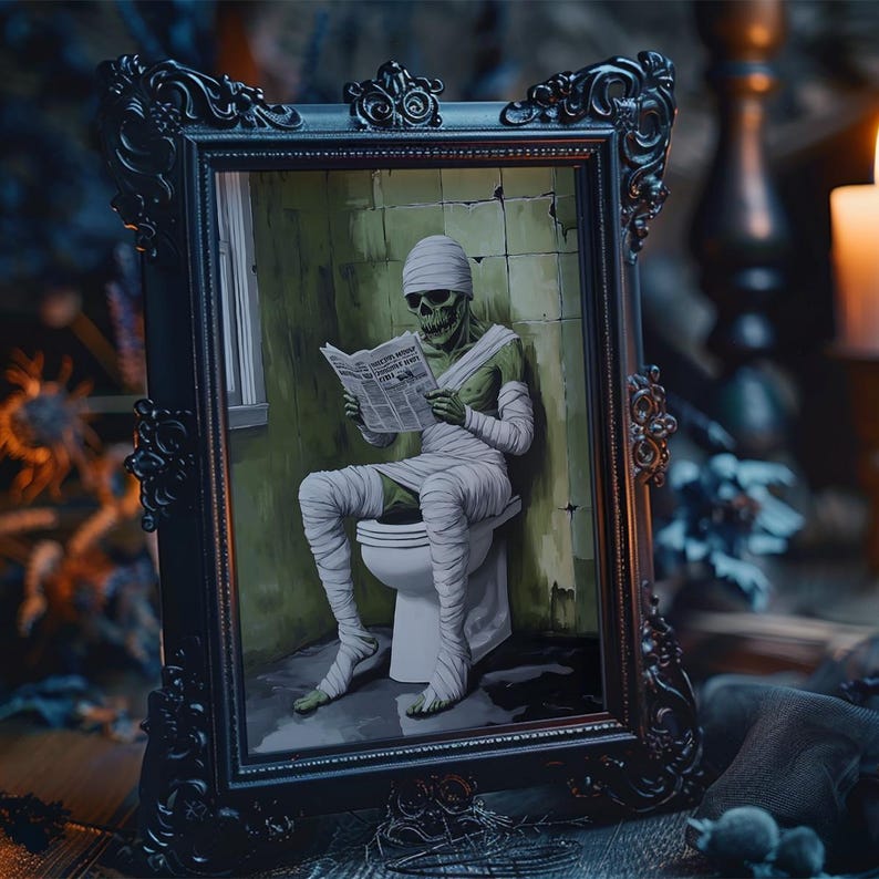 Mummy on the Toilet, Dark Academia Decor, Bathroom Art, Funny Halloween ...