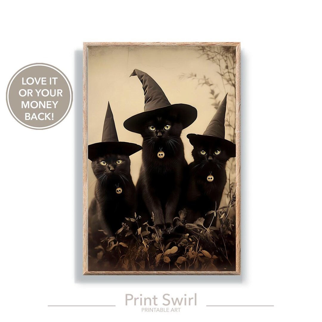 Three Black Witch Cats, Dark Academia Decor, Halloween Whimsigoth Wall ...