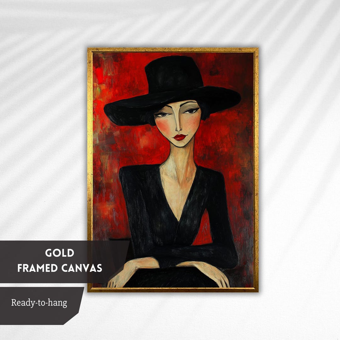 Bold Lady in Black Hat on Red – Modern Expressionist Female Portrait ...